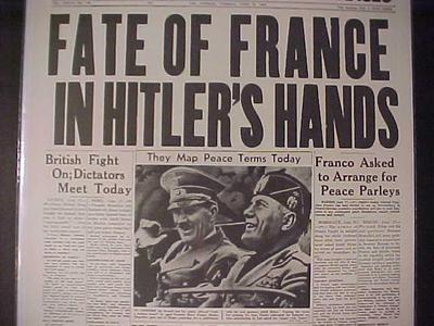 VINTAGE NEWSPAPER HEADLINE ~World War 2 Nazi Hitler & Mussolini France ...