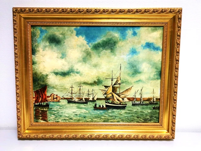 TABLEAU HUILE SUR Toile signé PELLUET Marine Bateaux . Beau Cadre bois Doré 12P EUR 52,00 ...