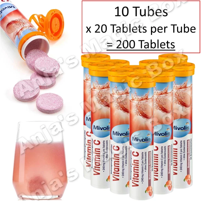 10 TUBES MIVOLIS Vitamin C 200 effervescent Tablets Blood Orange Immune Support £29.99 - PicClick UK