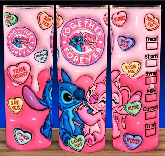 STITCH ANGEL CARTOON Puffy 3D Together Forever Candy Hearts Cup Mug ...