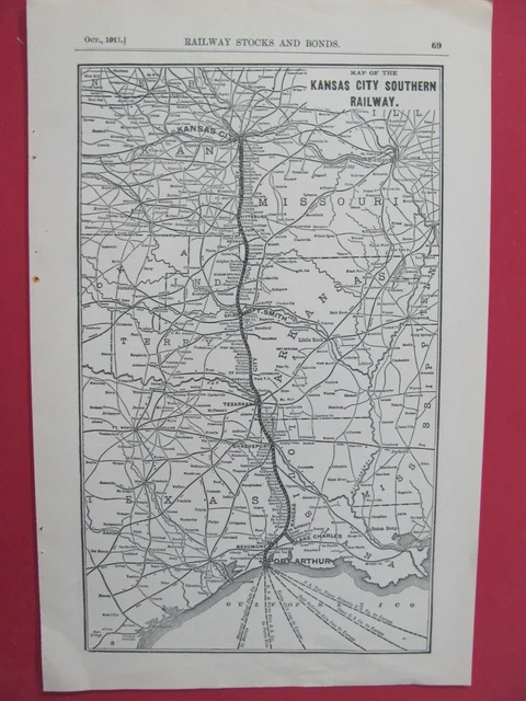 1911 KANSAS CITY Southern Railroad Original System Map Routes Stations ...