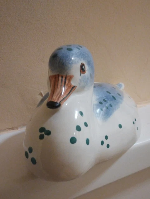 DAVID SHARP RYE Pottery Duck Figurine Blue Sponge Painted Feathers ...