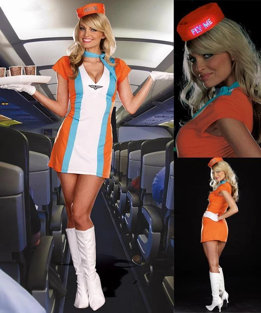 SEXY STEWARDESS AIR Hostess Flight Attendant Pilot Fancy Dress Costume ...