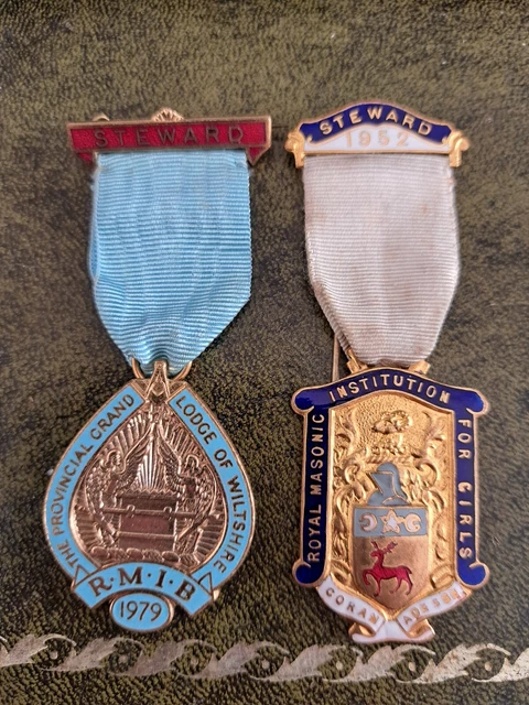 VINTAGE MASONIC MEDALS 1952 and 1979 with ribbons both Steward medals £ ...
