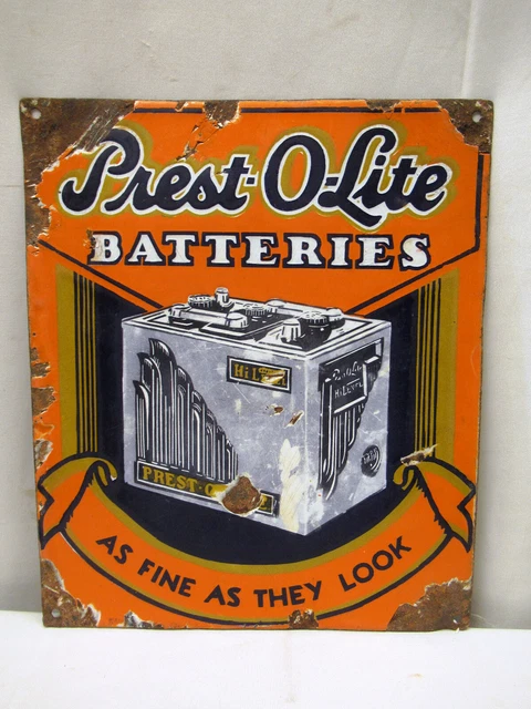 VINTAGE PREST-O-LITE AUTOMOBILE Batteries Sign Board Porcelain Enamel ...