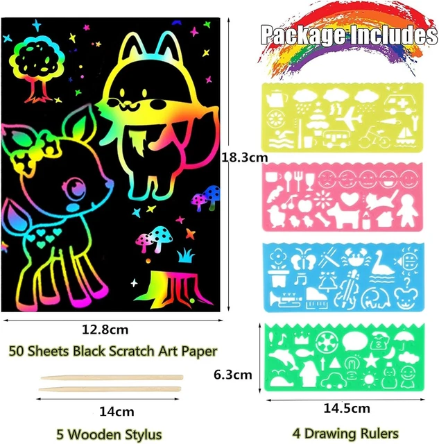 RAINBOW SCRATCH PAPER Art Craft Kit 50 Sheets Black Scratch Art Paper ...