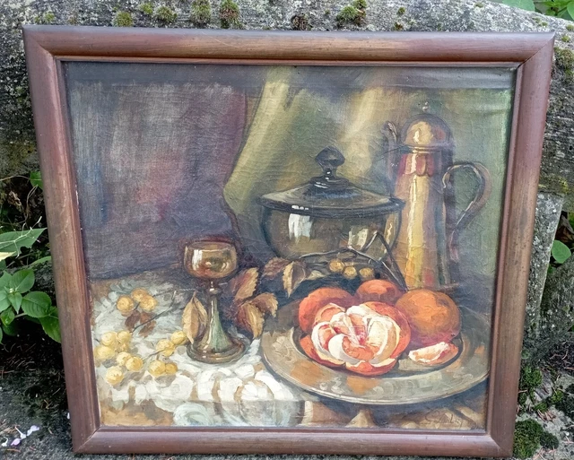 TABLEAU ANCIEN HUILE sur Toile Nature Morte aux fruits , cuivre et verre DN3211 EUR 55,00 ...