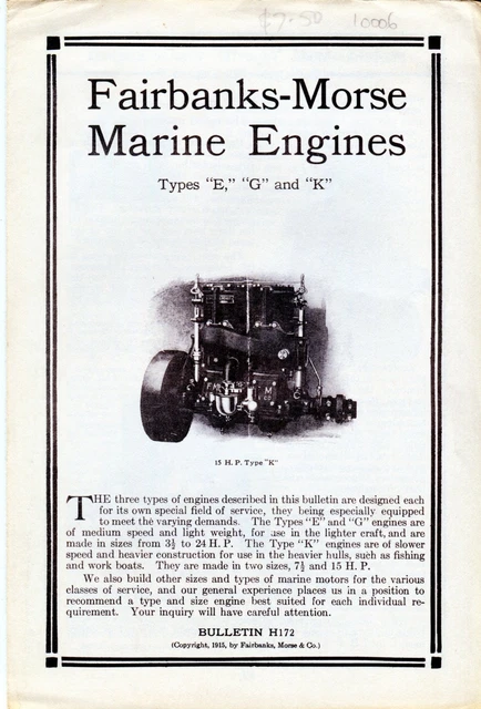 FAIRBANKS-MORSE MARINE ENGINE types E,G,K catalog H172 reprint $7.50 ...