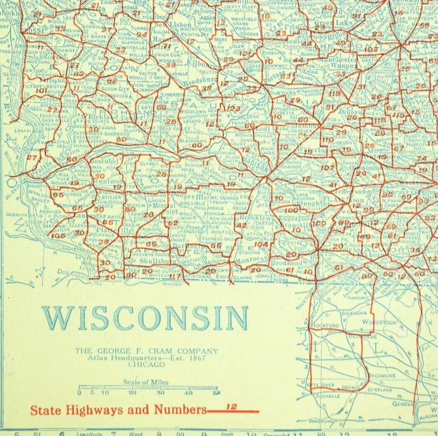 VINTAGE WISCONSIN AUTO Trails Map Highway Old Original Madison Green ...