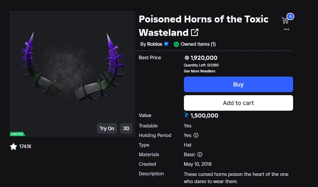 ROBLOX POISONED HORNS of the Toxic Wasteland Limited Item *Read ...