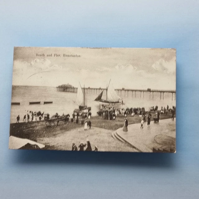 HUNSTANTON POSTCARD 1909 Norfolk Edwardian Beach Scene Horse Cart Boats ...