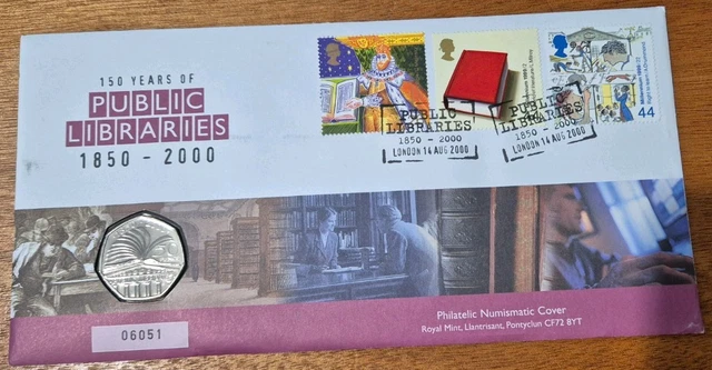 A ROYALMAIL 150 Years Of Public Libraries 1850-2000 Stamps And 50P Coin ...