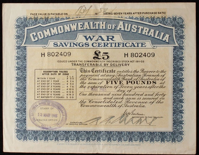 AUSTRALIA WWII £5 War Savings Certificate large size prefix H. $212.79 ...