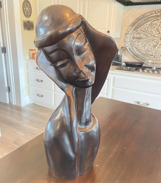 LARGE ART DECO Hand-Carved Woman Sculpture Bust Carving 18" Tall EUC £ ...