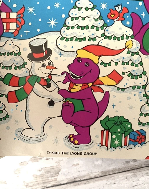 VINTAGE 1993 BARNEY Christmas Wrapping Gift Wrap Paper Purple Dinosaur ...