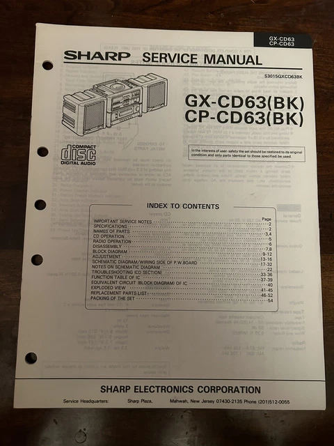 SHARP GX-CD63 CP-CD63 Stereo Boombox CD Service Manual Vintage OEM ...