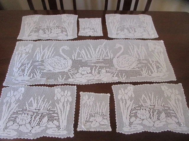 7 PIECE SWANS Iris Water Lily & Reeds Filet Crochet Lace Runner & Mats ...