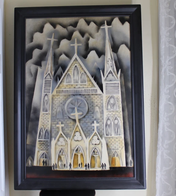 1965 MIDCENTURY RAINE Modernist Surrealist Oil Painting Church ...