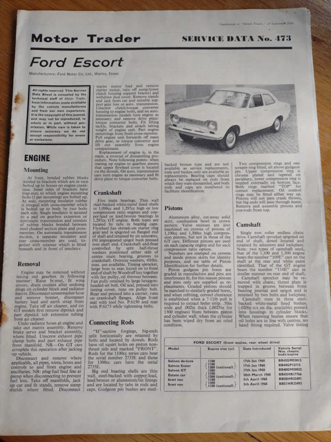 FORD ESCORT MK1 Motor Trader Write Up And Specs Sheets 1968 Used £5.00 ...