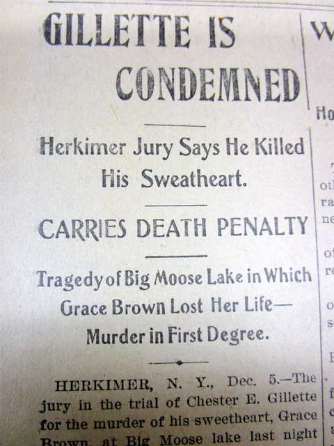 1906 JOURNAL CHESTER GILLETTE COUPABLE de MEURTRE de GRACE MARRON à ...