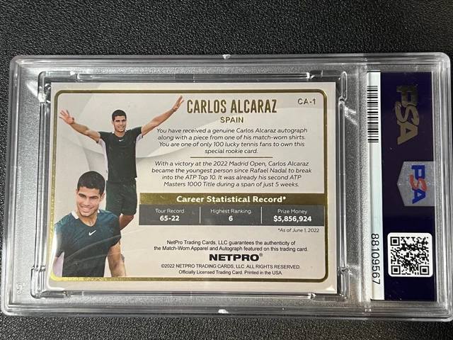 PATCH ROOKIE ILLIMITÉ Carlos Alcaraz Psa 9 2022 Netpro 10 Auto Rpa Rc ...