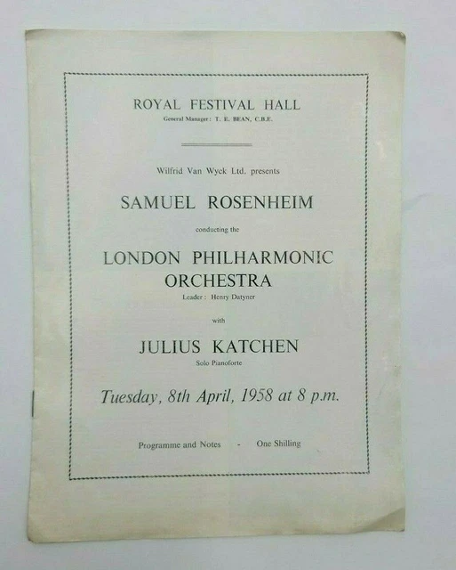 LONDON PHILHARMONIC ORCHESTRA Royal Festival Hall 1958 Programme Julius ...