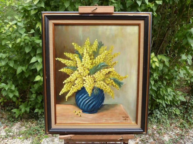 TABLEAU HUILE SUR toile signé Myrtheo 1985, Nature Morte "Bouquet de Mimosas" EUR 79,00 ...