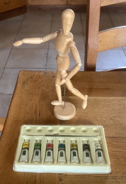 WOODEN ARTICULATED ARTIST'S Model Figure Mannequin 32.5 Cms & 7 Acrylic ...