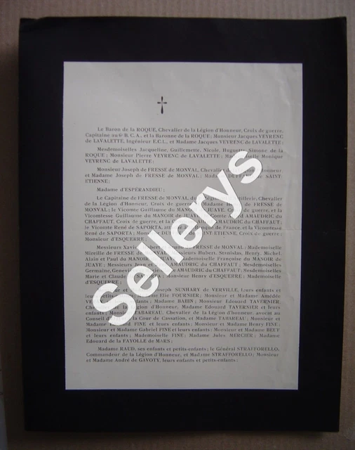 FAIRE-PART DÉCÈS MARTHE Fournier Baronne de LA ROQUE Château des Prés Eclassan EUR 24,90 ...