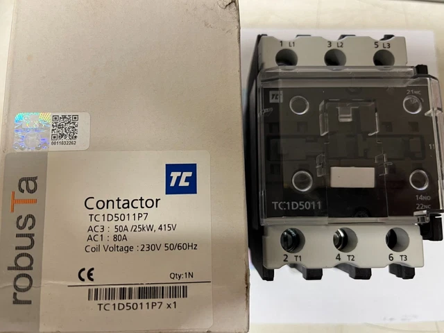 ROBUSTA TC1-D5011P7 CONTACTOR 50A 25KW NO+NC Auxilliary 230V NEW £39.95 ...