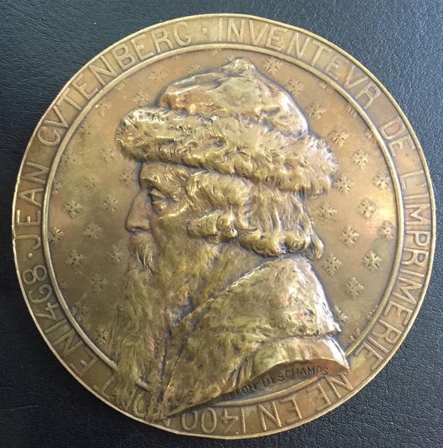 RARE MÉDAILLE JEAN GUTENBERG Imprimerie en 1400 - Léon Deschamps bronze ...
