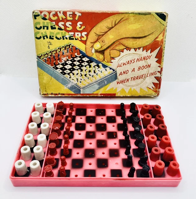 VINTAGE POCKET TRAVEL Chess and Checkers Game Set Made in Hong Kong £7. ...