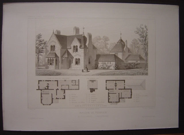GRANDE GRAVURE PLAN d'Architecte Croquis d'une Maison de Fermier à ...