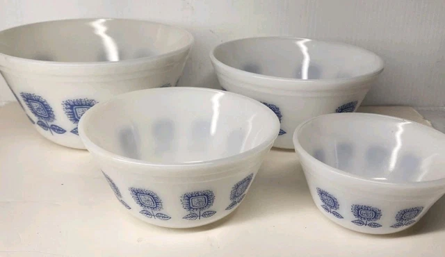 4 STACKING FEDERAL Milk Glass Bowl 5-8" Blue Sunflower Design Bowl $84. ...