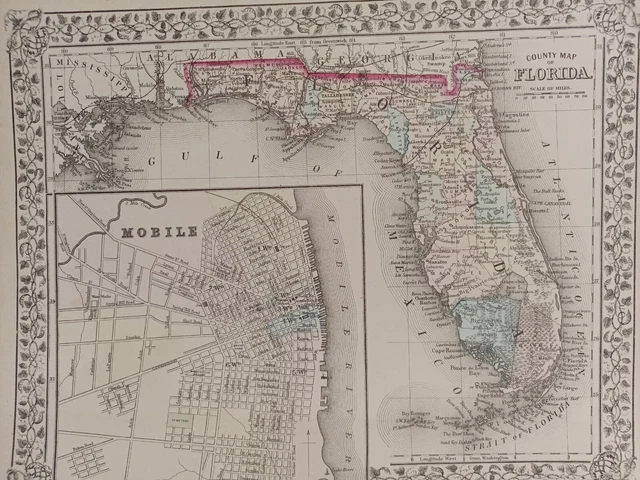 1873 MITCHELL'S ATLAS County Map of Florida and Mobile, Authentic Hand ...
