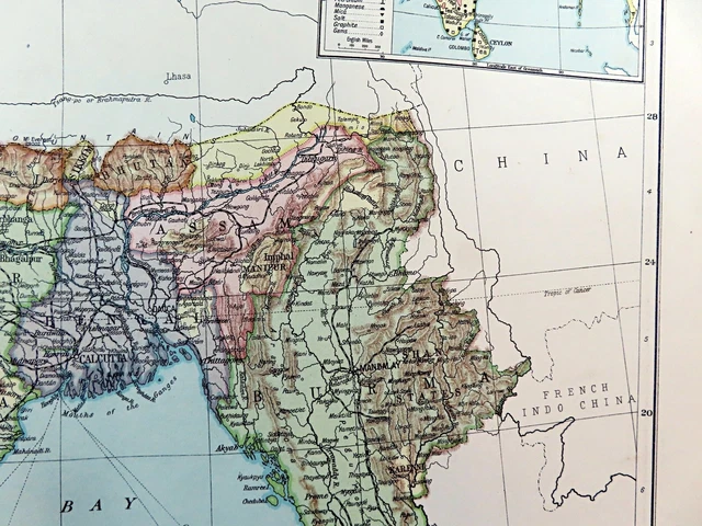 MAP OF INDIA Ceylon Afghanistan Assam Bengal Rangoon Post WW1 Antique ...