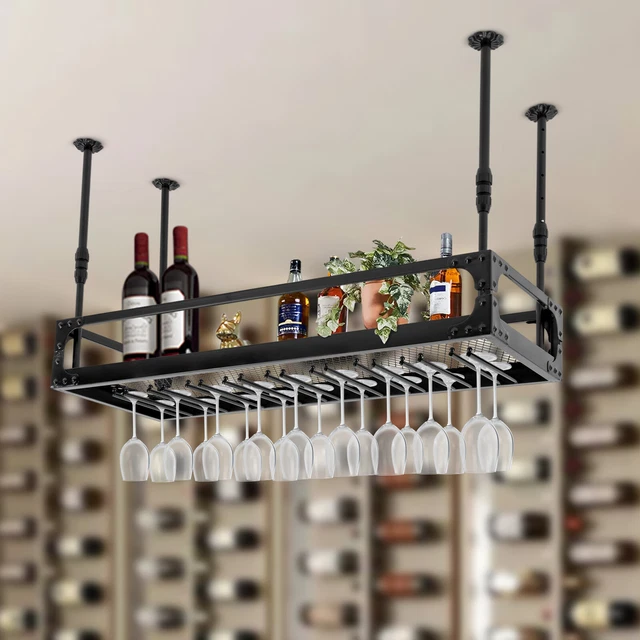 INDUSTRIAL VINTAGE BAR Floating Shelf Black Ceiling Mounted Wine Bottle ...