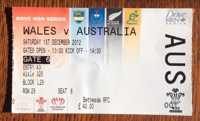 WALES RUGBY UNION WRU Used Ticket Stub Australia Welsh EUR 4,71 ...