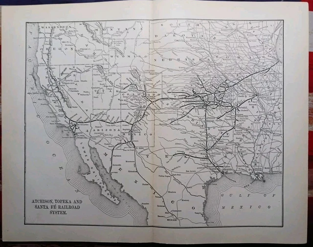 1892 TRAIN ROUTE Map ATCHISON TOPEKA & SANTA FE RAILROAD SYSTEM 11"x9 ...