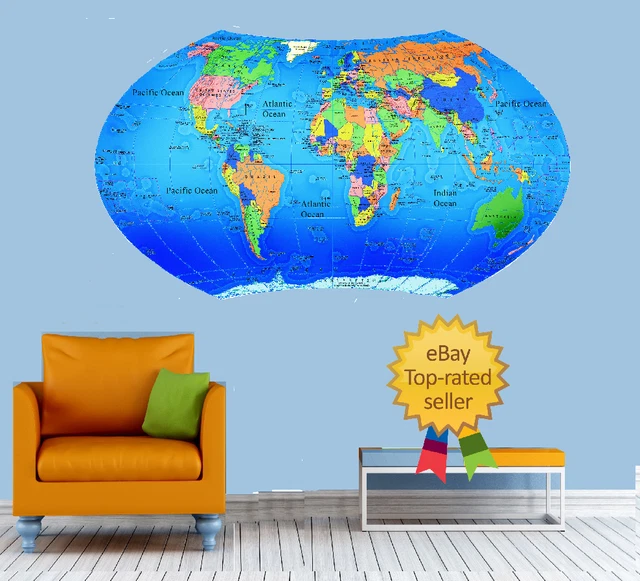 EDUCATIONAL WORLD MAP Globe Country School Wall Sticker Poster Vinyl ...