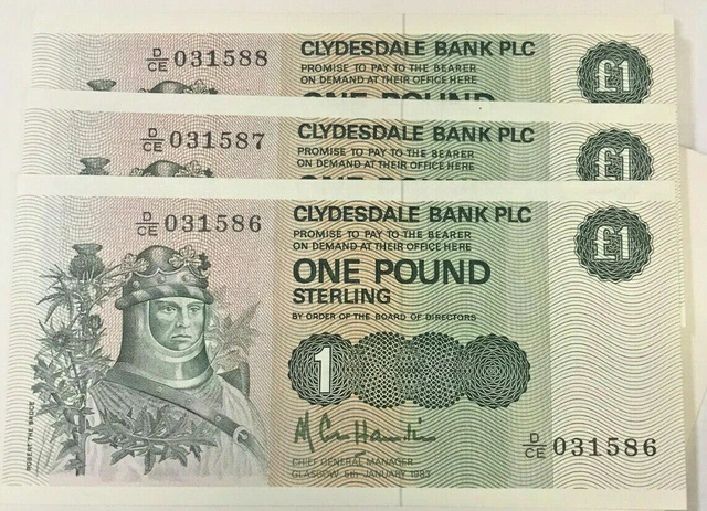 SCOTLAND 1983 ONE POUND NOTES CONSEC.TRIO...VERY SCARCE and UNC $99.00 ...