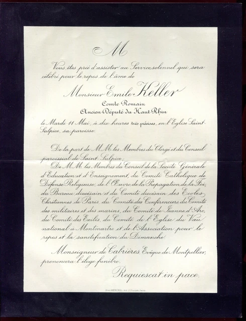 FAIRE-PART DÉCÈS MR. Emile Keller Comte Romain ancien Député du Haut ...