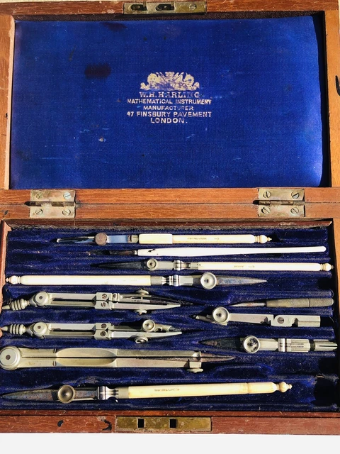 ANTIQUE W H Harling Mathematical Instrument Set + Copper Letter+Number ...