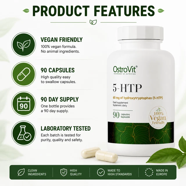 OSTROVIT 5-HTP 65MG 90 Vegan Capsules L-Tryptophan Vitamin B6 Sleep ...