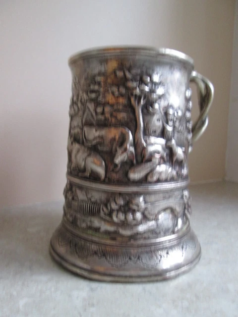 ANTIQUE LARGE SILVER Plated Tankard - Chinese Export? - Cattle / Farm C ...