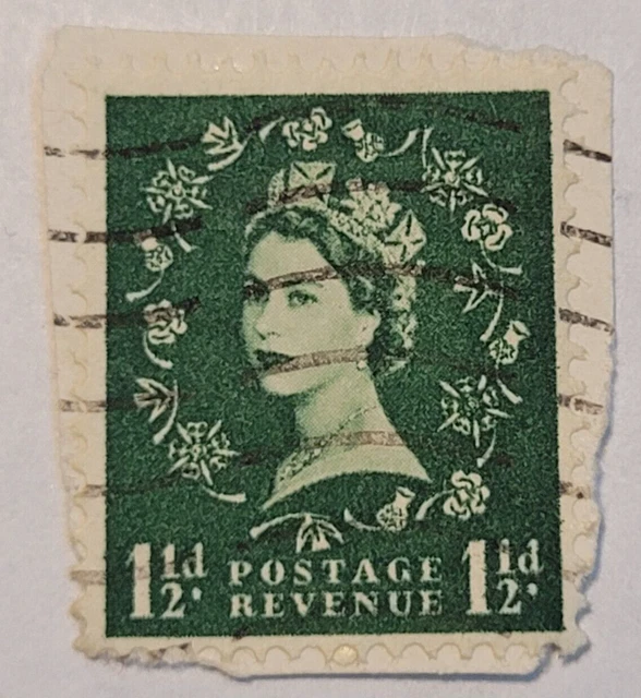 POSTAGE REVENUE 1½D Stamp ~ Queen Elizabeth II ~ Green ~ Posted ~ 1950 ...