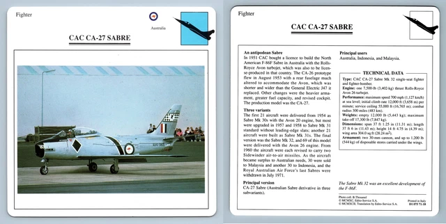 CAC CA-27 SABRE - Fighter - Warplanes Collectors Club Card $2.34 ...
