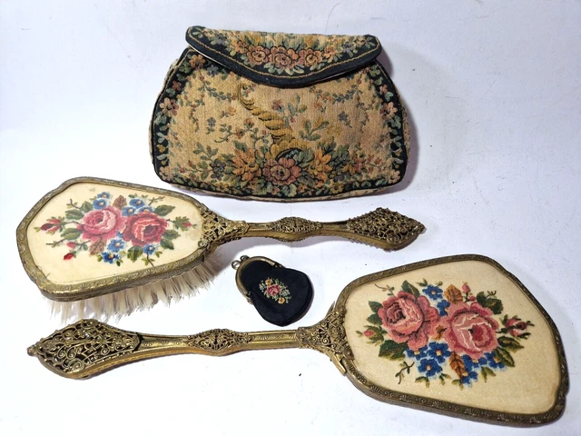 ART DECO PETIT Point Embroidery Hand Mirror & Hair Brush, Handbag ...