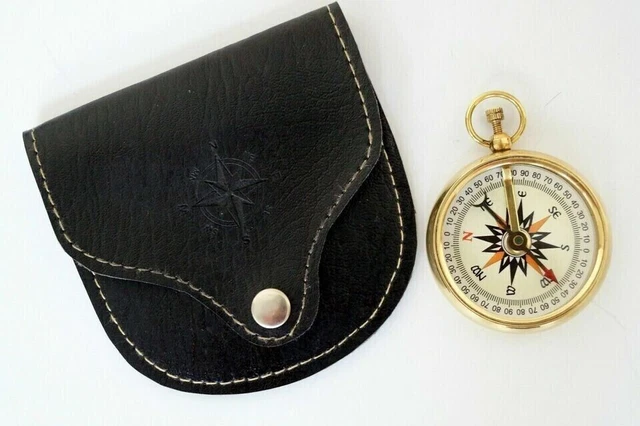 SOLID BRASS GOLDEN Magnetic Pocket Compass With Black Leather Case ...
