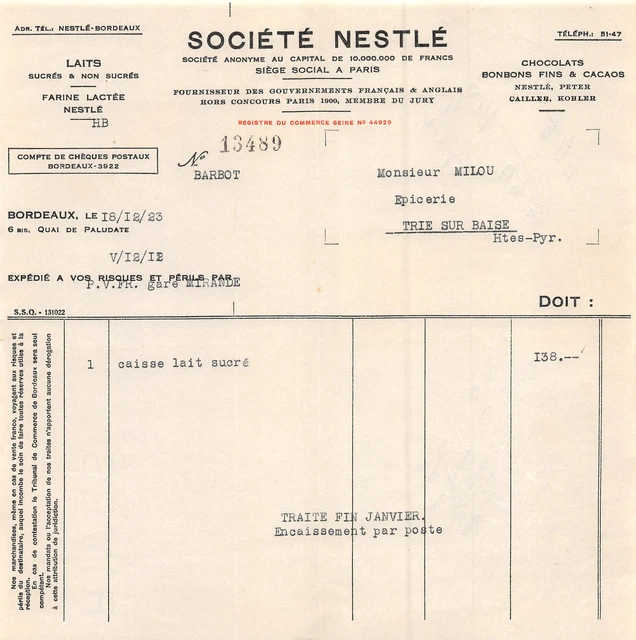 FACTURE 1923 SOCIETE NESTLE A PARIS - MILOU A TRIE SUR BAISE HTE ...